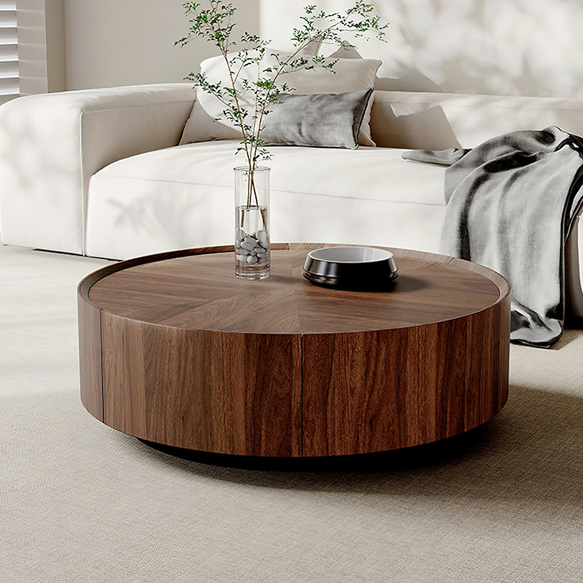 Kemberton Walnut Round Coffee Table with Storage Drawers Black Base Loon Peak